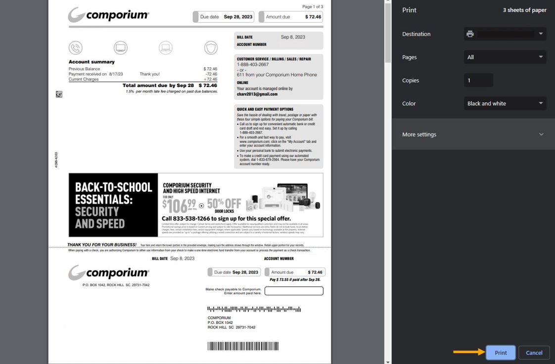 How do I print my bill on My Comporium?